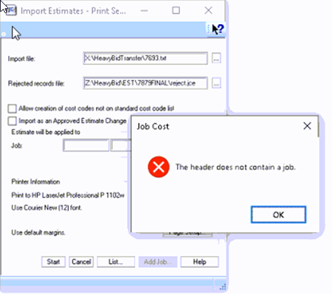 Error: Job Cost- The Header Does Not Contain a Job