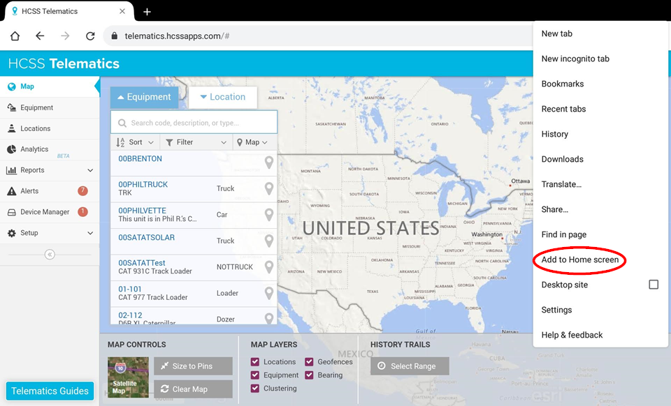 How to Add HCSS Telematics to Home Screen - Mobile