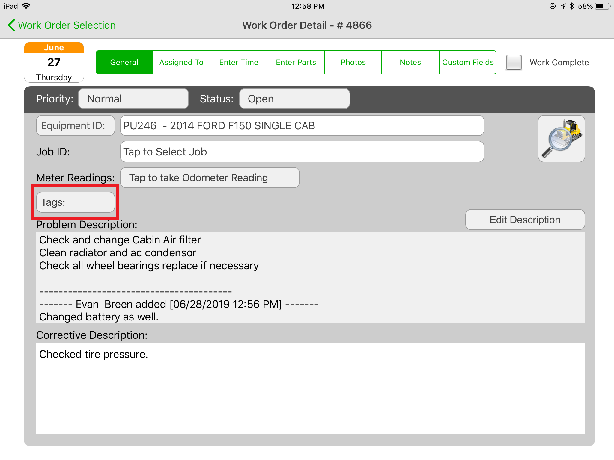 How to Add Tags To Work Orders In Equipment360 Mobile