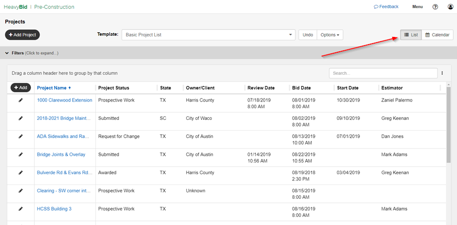 How to Toggle List and Calendar Views Within HeavyBid Pre-Construction