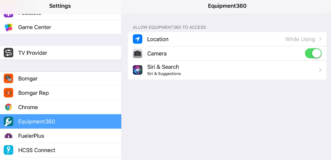 How to Allow Equipment360 Mobile Access to the Camera and Photos in iOS
