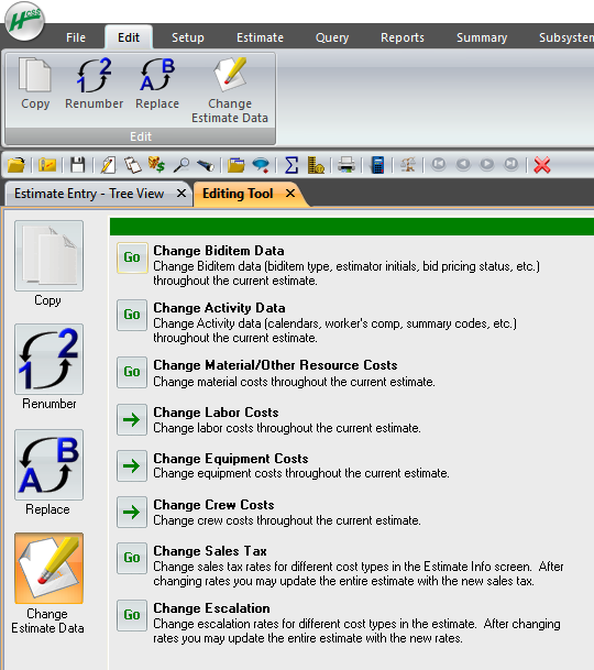 Changes to the Edit > Change Estimate Data in HeavyBid 2015+