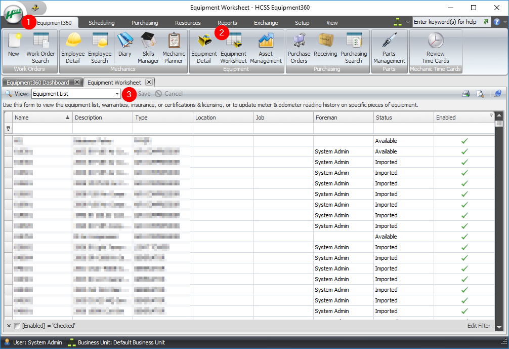 How to view a list of all equipment set up in Equipment 360