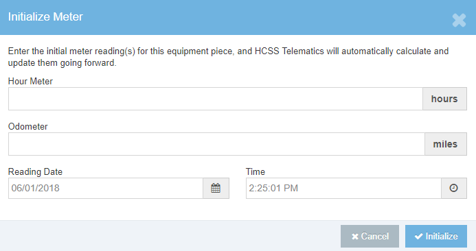 How to initialize meter readings in HCSS Telematics