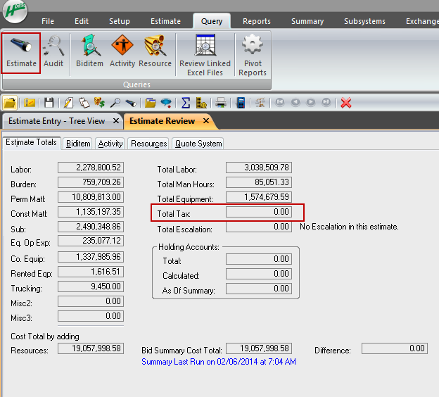 How to view total tax for Estimate