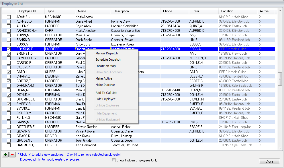Bulk Change Options for Locations, Equipment, and Employee Lists