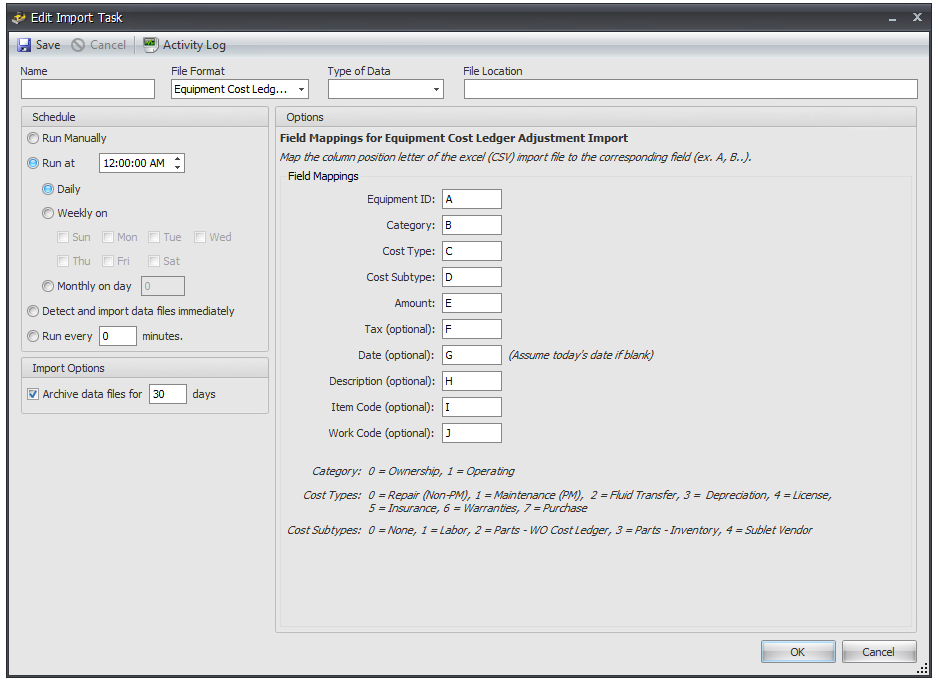 How To Set Up the Equipment Cost Ledger Import