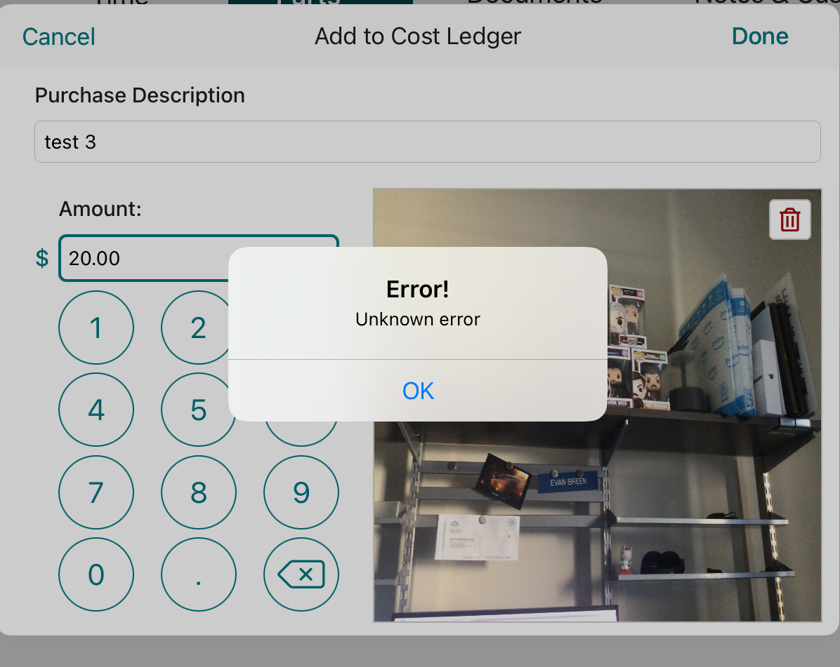 "Error! Unknown Error" Appears When Taking Photo for Cost Ledger