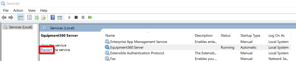 How To Restart Equipment360 Server