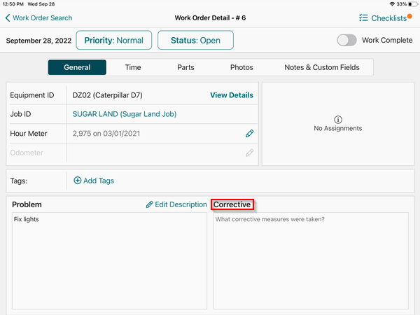 What is Corrective Description field in Equipment360 Mobile?