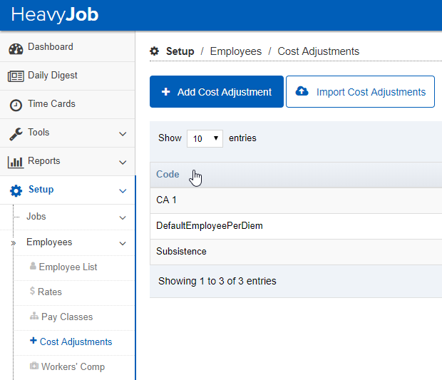How to setup Cost Adjustments to account for Per Diem in HeavyJob Web