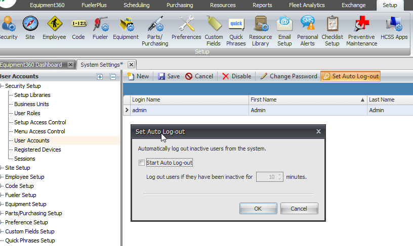 Is There an Idle Time Auto Log-out Feature in Equipment360?
