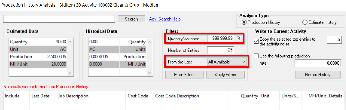 Estimate/Production History Not Returning Results