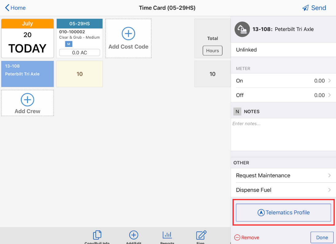 How to View the Telematics Profile of Equipment on a Time Card